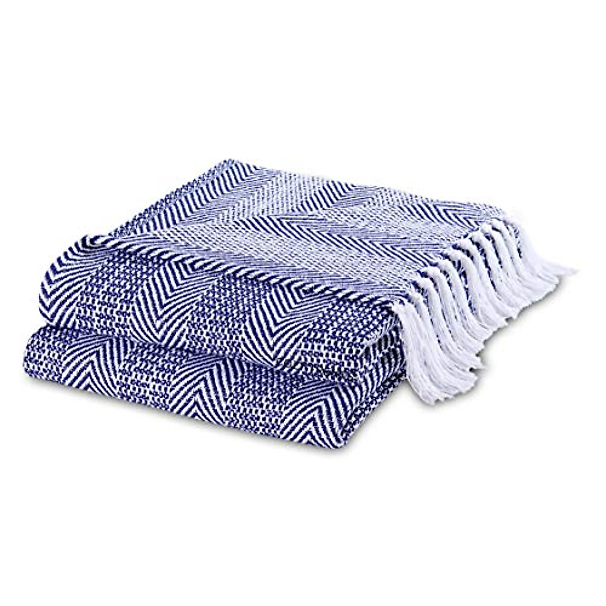 Luxurious Hand Woven Cozy Warm 100% Combed Cotton All Season Indoor Outdoor Light Weight Fade Resistant Couch Chair Bed Throw Blankets Batik 50x60 Inch Set of 2 (Navy)