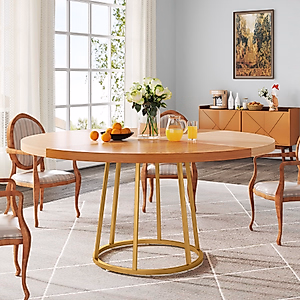 Tribesigns Round Dining Table for 4, 47 inch Kitchen Table Large Dinner Table with Circle Golden Metal Base Wood Grain Top for Home Kitchen Dining Room Living Room, Gold Maple(Only Table)