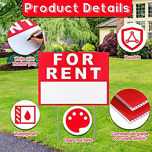 Ripeng 4 Pcs 17 x 13 Inch for Rent Sign with Stand Double Sided Corrugated Plastic Red White for Lease Sign with 8 Pcs Tall Iron Stands for Outdoor House Business Rental Car Apartment (17 x 13 Inch)