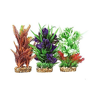 CNZ® 3 Pcs Assorted Lifelike Aquarium Plastic Plant Decoration with Gravel Base, 8-inch