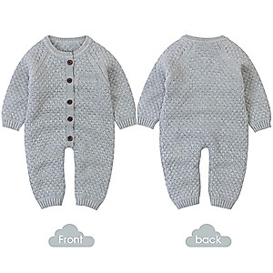 OLSCROM Baby Newborn Knitted Sweater Romper Longsleeve Outfit Cotton Jumpsuit with Warm Hat Set