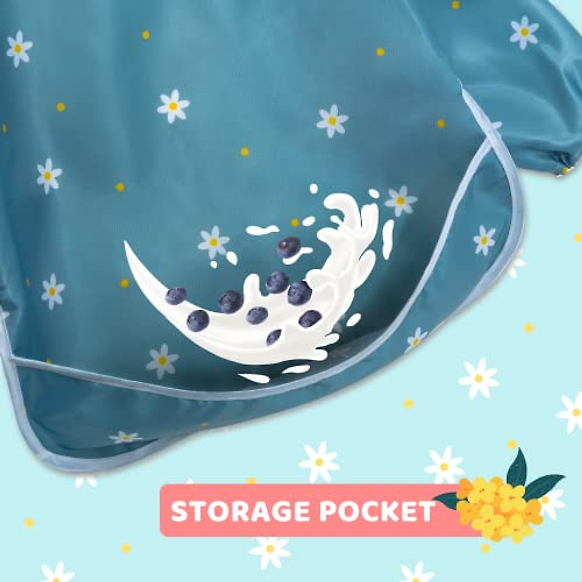 Little Dimsum Mess-Proof Baby Bibs|Infant Toddler Long Sleeve Waterproof Feeding Art Smock|Catching Food & Wipe Clean| Pack of 2 Colors Flower Sets