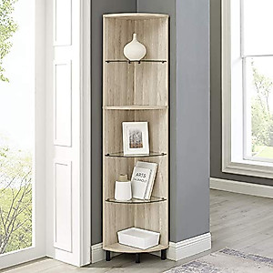 Walker Edison Saxon Modern Wood and Glass 4 Shelf Corner Console, 68 Inch, Birch