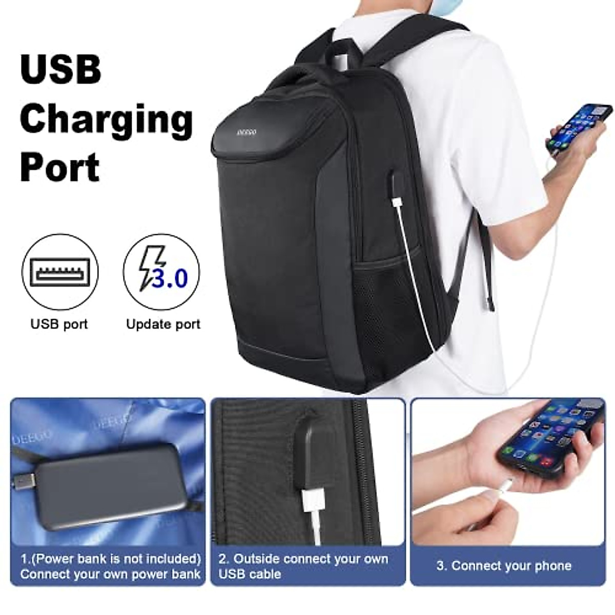 DEEGO Business Backpack for Men, TSA Approved Laptop Backpack for Men with USB Charging Port, Water Resistant Durable Anti Theft Work Backpack for Men Women Fits 15.6 Inch Laptop, Black