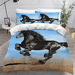 Quilt Cover Twin Size Friesian 3D Bedding Sets Black Stallion Duvet Cover Breathable Hypoallergenic Stain Wrinkle Resistant Microfiber with Zipper Closure,beding Set with 2 Pillowcase