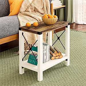 GAZHOME Farmhouse End Table for Small Spaces, Set of 2,Narrow Side End Table with Storage Shelf, Rustic X-Design Nightstand Sofa Table for Living Room, Bedroom White