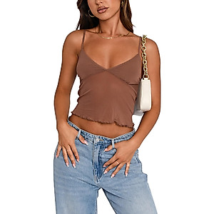 REORIA Women's Summer Sexy V Neck Sleeveless Adjustable Spaghetti Strap Sheer Mesh See Through Going Out Trendy Cami Camisole Y2k Crop Tops Coffee Small