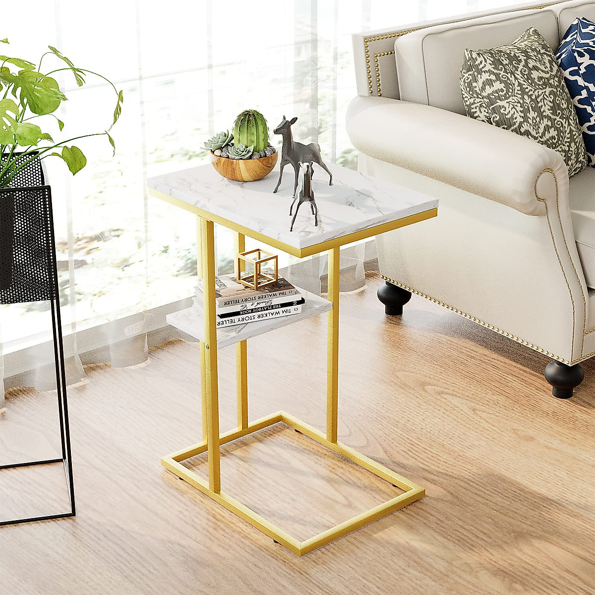 Easy Paws C Shaped End Table,Small Side Table for Couch and Bed, Gold Snack Couch Table for Small Spaces, Living Room, Bedroom,Bedside(Gold)