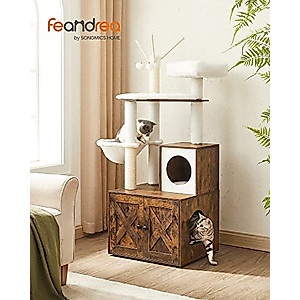 Feandrea WoodyWonders Cat Tree with Litter Box Enclosure, 2-in-1 Modern Tower, Furniture Hidden, Cat Condo with Scratching Posts, Removable Pompom Sticks, Rustic Brown UPCT113X01