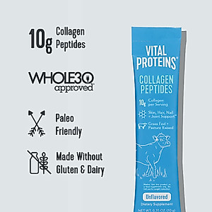 Vital Proteins Collagen Peptides Powder Supplement (Type I, III) Travel Packs, Hydrolyzed Collagen for Skin Hair Nail Joint - Dairy & Gluten Free - 10g per Serving - Unflavored (20ct per Box)