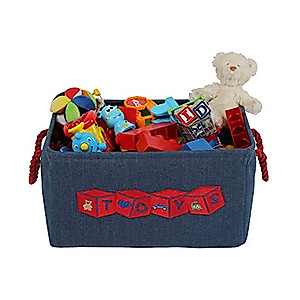 Toy Storage Basket Bin for Organizing Baby, Kids, Dog Toys, Children Books. Denim Canvas Box Organizer w/Attractive Red Patch for Playroom, Nursery …
