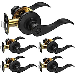 TICONN Black Door Handle, Traditional Wave Style Matte Black Reversible Door Lever for Interior Doors and Closet (Privacy Lock, 5-Pack)