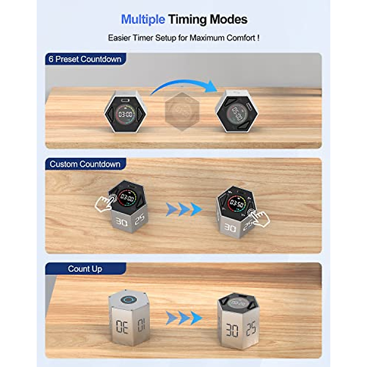 Ticktime Pomodoro Timer, Productivity Timer Cube, Hexagon Magnetic Flip Focus Timer, Mute & Adjustable Sound Alert, for Work, Office, ADHD, Study, Task, 3/5/10/15/25/30min & Custom Countdown - Gray