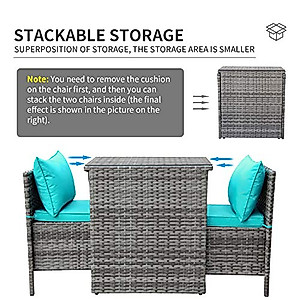 3 Piece Outdoor PE Rattan Furniture Bistro Set Patio Wicker Conversation Chair with Glass Top Table Space Saving Design, Turquoise Cushion