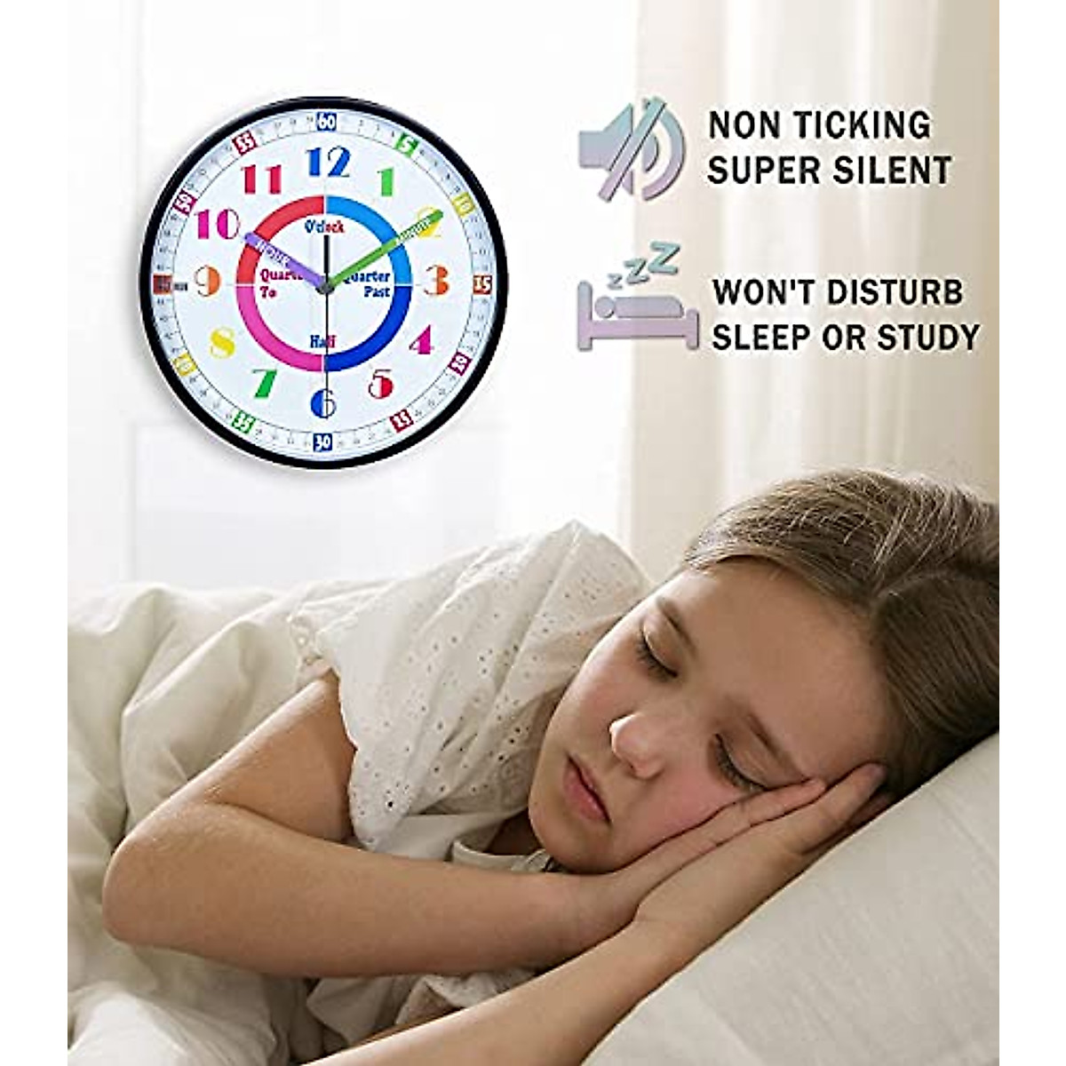 Telling Time Teaching Wall Clock, Silent Movement, Educational Wall Clock, Makes Kids Learning Time Faster and Fun. Its Perfect for Parents and Teachers, Decorate Kids Bedroom or Classroom,Black