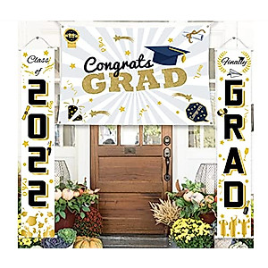 3PCS Graduation 2022 Decorations - Class of 2022 Graduation Banner Porch Signs for School College Congrats Grad Backdrop Graduation Party Supplies Hanging Door Wall Decorations Outdoor