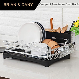 BRIAN & DANY Aluminum Dish Drying Rack, Dish Racks for Kitchen Counter, Dish Drainer with Removable Cutlery Holder & Cup Holder, Unique 360° Swivel Spout Drainboard, 16.5" L x 11.8" W, Silver