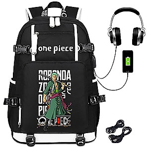 Roffatide Anime One Piece Laptop Backpack with USB Charging Port & Headphone Port Roronoa Zoro Rucksack with Printed Backpack for Men Women Graphic Travel Backpack