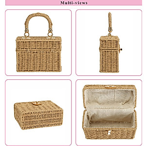 TaiGuri Women's Handmade Straw Rattan Woven Chain Purse Tote Shoulder Bag Handbag, Khaki, Medium