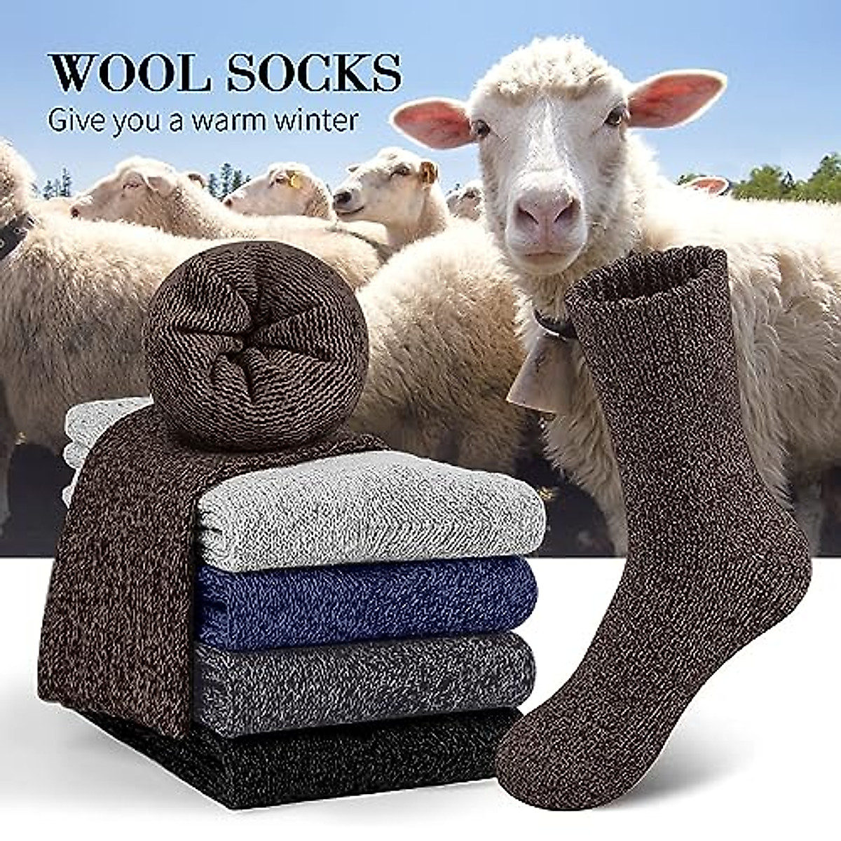 5 Pairs Wool Socks Mens, Thick Warm Winter Socks, Soft Wool Hiking Socks, Casual Crew Socks for Men (US Size 6-13)