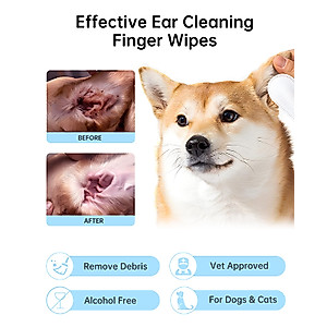 Vostuve Dog Ear Wipes Finger, Ear Finger Wipes for Dogs & Cats, Ear Cleaner Finger Wipes for Ear Wax, Debris, Deodorizes, Relieve Ear Itching & Inflammation, Natural Pet Ear Wipe for Dog, 50 Count