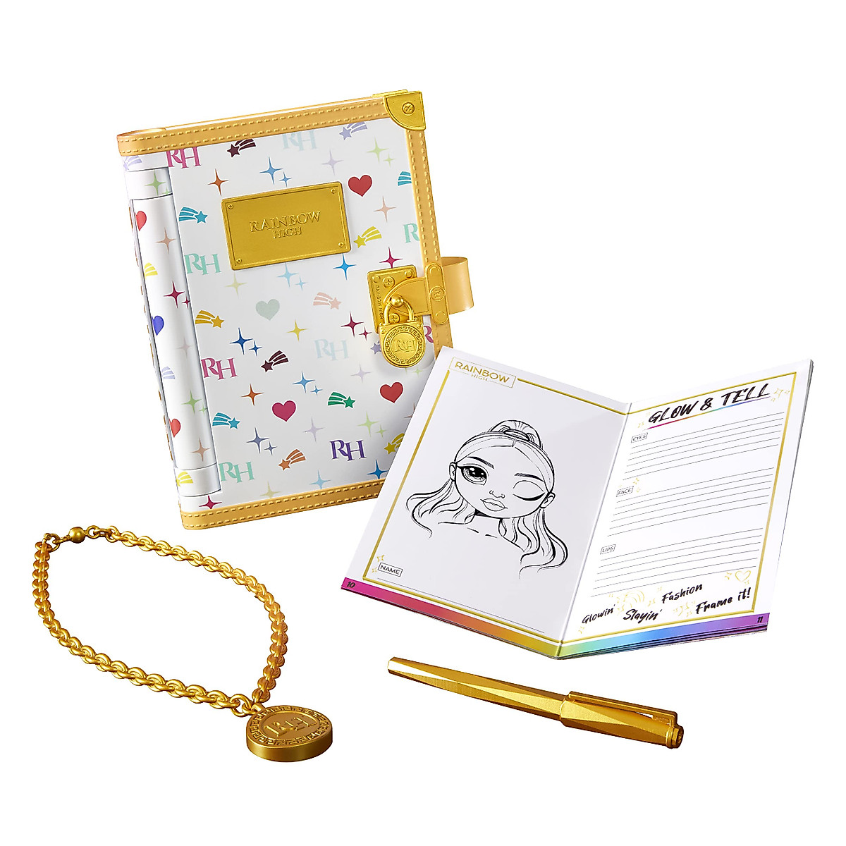 Rainbow High Secret Journal- Fashion Journal with Lock, Activity Book, Pen, and Necklace Charm to Unlock Your Creative Ideas, Kids 6-12 Years,Multicolor