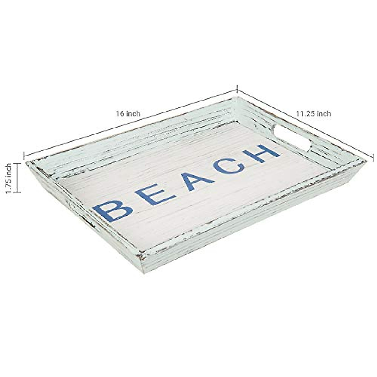 MyGift 16-inch Beach Theme Wooden Large Serving Tray with Handles, Decorative Whitewashed Blue Ottoman Tray for Living Room