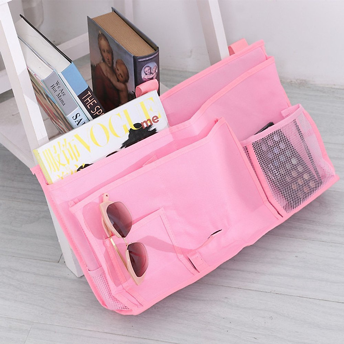 MoYag Bedside Storage Organizer, Bedside Caddy Hanging Storage Bag for Bunk and Hospital Beds, Dorm Rooms Bed Rails,Baby Bed,Baby Cart,Car Backrest with 8 Pockets(Pink)