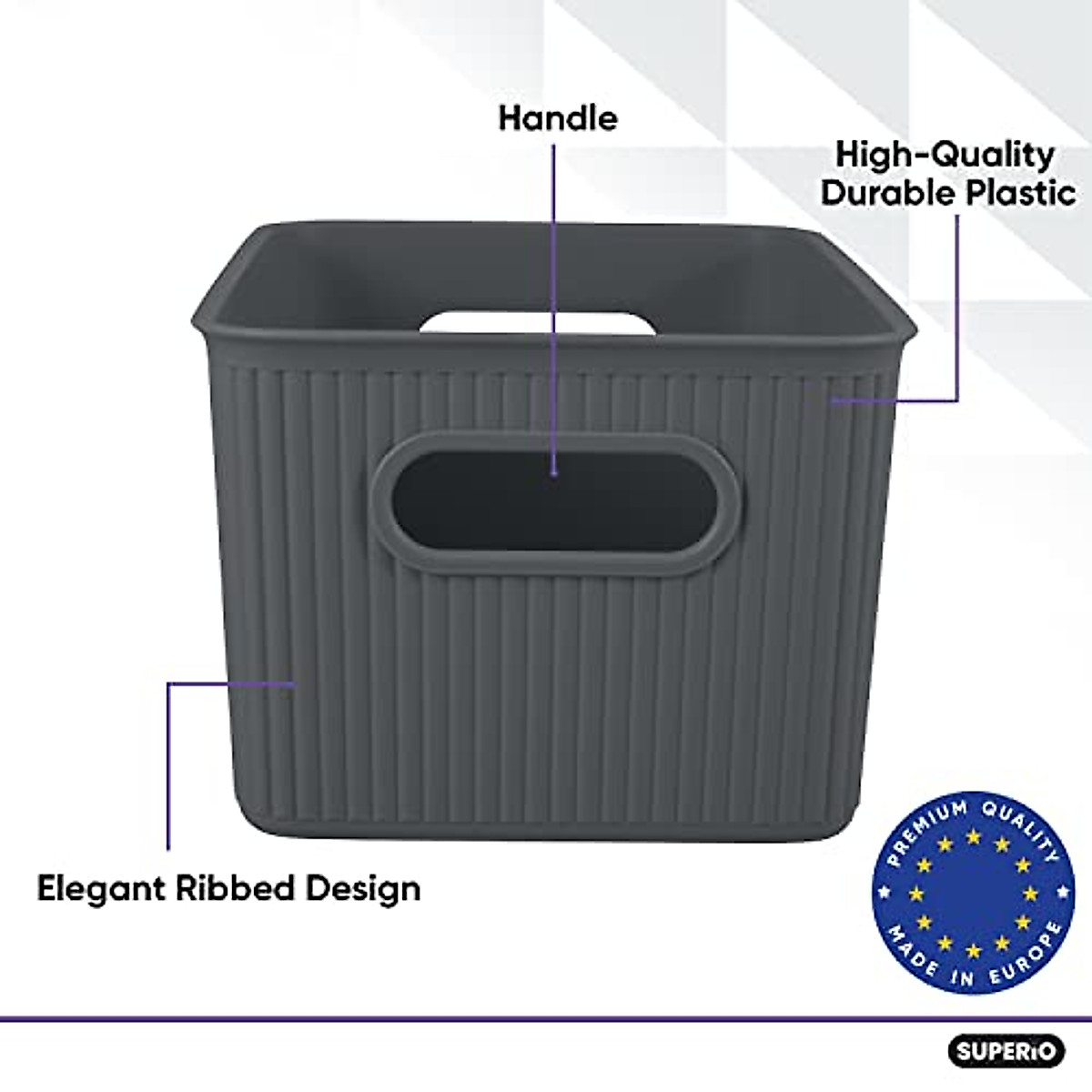 Superio Decorative Plastic Lidded Home Storage Bins Organizer Baskets, Medium Grey (1 Pack - 5 Liter) Stackable Container Box, for Organizing Closet Shelves Drawer Shelf - Ribbed Collection