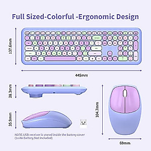 Wireless Keyboard and Mouse Combo, 2.4GHz Full-Sized Colorful Cute Keyboard Mouse Set with Retro Typewriter Flexible Round Keys for Windows, Computer, Laptops, PC Purple Colorful