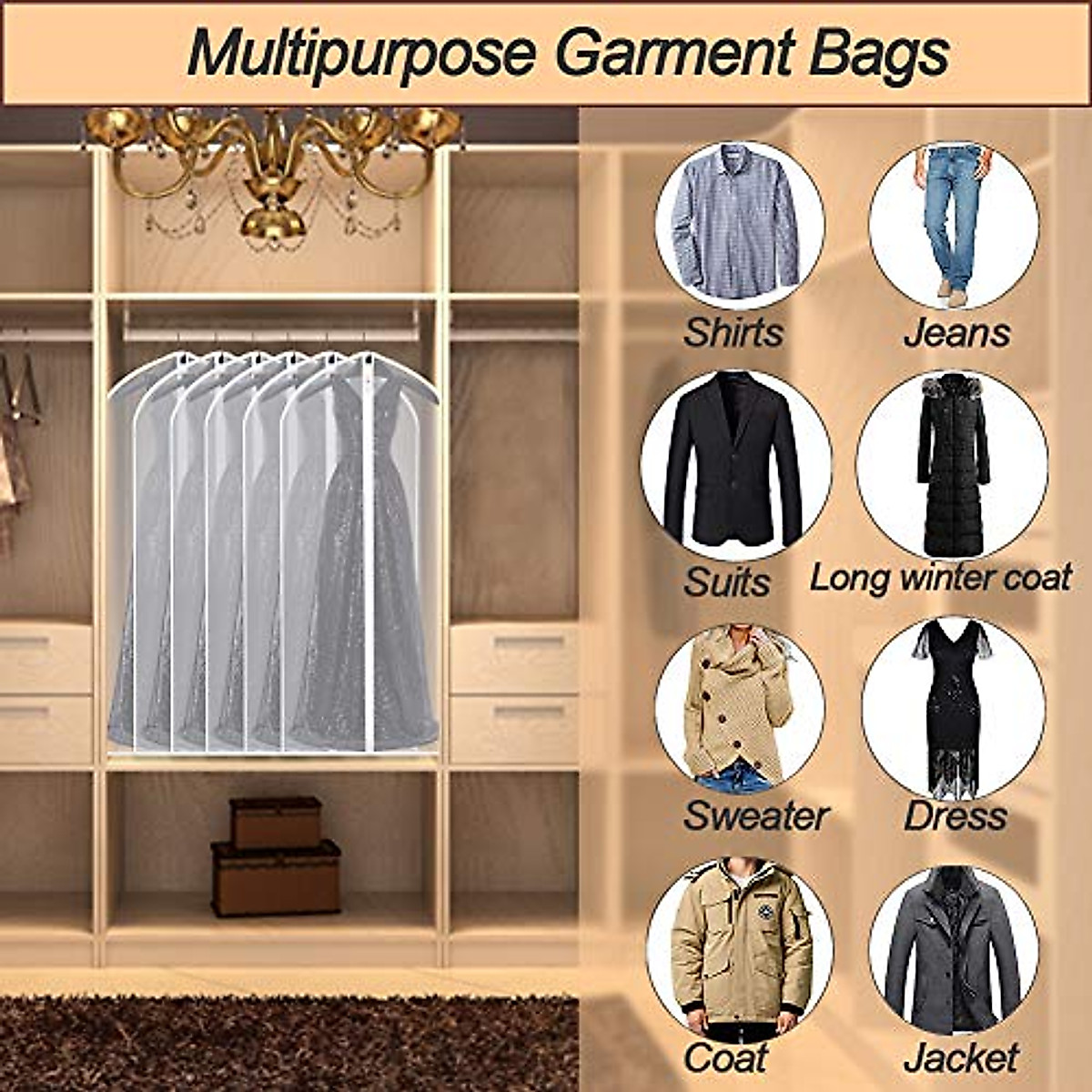 Hanging Garment Bag 24''X40'' White Lightweight Clear Full Zipper Suit Bags (Set of 6) PEVA Breathable Garment Cover for Suit Closet Clothes Storage