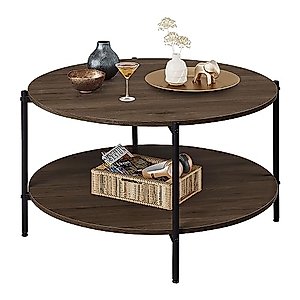 WLIVE Round Coffee Table, Living Room Table with 2-Tier Storage Shelf,32in Wood Modern Coffee Table with Metal Frame and Wood Desktop,Easy Assembly，Brown Walnut.