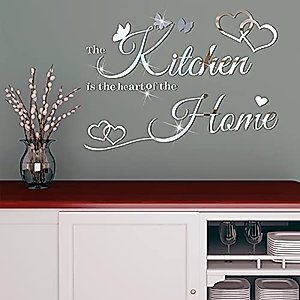 3D Acrylic Mirror Wall Decals Kitchen Butterfly Mirror Stickers Home Letters Decor Heart Quotes Wall Stickers Removable Wall Decals Motivational Wall Decoration for Kitchen Home Dorm (Silver)