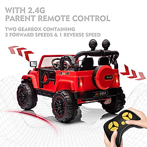 2 Seater Ride On Truck and Car Cover, 12V Children's Electric Car with Parental Remote Control, Music, MP3 Player, LED Lights, Spring Suspension, Red