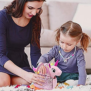 PASSIONFRUIT Unicorn Stuffed Plush Animal Toy Set with Purse Necklace & Bracelet - Plush Unicorns Birthday Gifts for Girls - Unique Rainbow Unicorn Stuffed Pet for Age 3 4 5 6 7 yrs. (Purple)