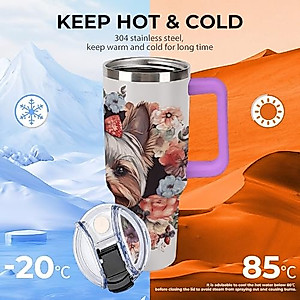 WYUSPGK 40oz Stainless Steel Car Mug, Yorkie Floral Print Travel Mug, Double-Wall Insulated with Straw, Perfect for Car, Office, Outdoor