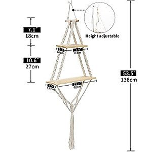 Afuly Macrame Hanging Shelves 2 Tiers Floating Shelf Natural Wood Wall Shelves Chic Boho Decor, Pine Wood Cotton Rope Bohemian Floating Plants Storage for Bedroom Bathroom Living Room, Beige