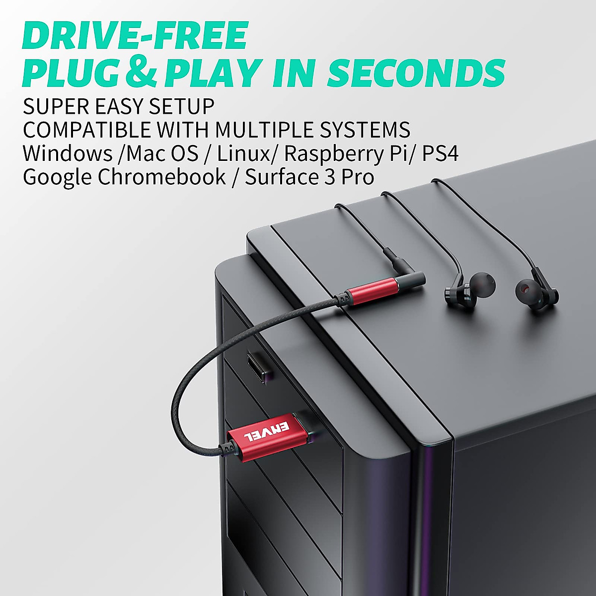 ENVEL USB to 3.5mm Jack Audio Adapter,USB to AUX,External Stereo Sound Card for PS4/PS5/PC/Laptop, Headphone Adapter with Built-in Chip TRRS 4-Pole Mic-Supported