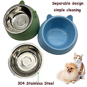 PINVNBY 2PCS Raised Cat Bowl Tilted 15° Slanted Elevated Bulldog Feeder Non-Spill Dog Kitten Food Dish Anti-Slip Detachable Pet Stainless Steel Slope Base for Small Pets Blue&Green
