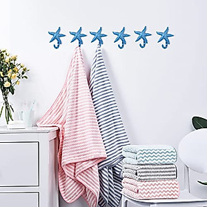 Set of 6 Starfish Cast Iron Wall Hooks Sea Star Decorative Wall Hook Antique Blue Outdoor Towel Hooks Starfish Decorative Coat Hooks for Aprons Hats Keys Bathroom Kitchen