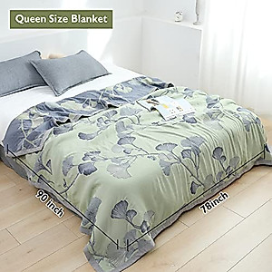 MODUSKYE Muslin Throw Blanket, Bohemian Throw Quilt 78 * 90 Inch Queen Cotton Ginkgo Pattern Ultra Soft Light Reversible Cozy Bedding Coverlet Sofa Throw(Green+Grey)