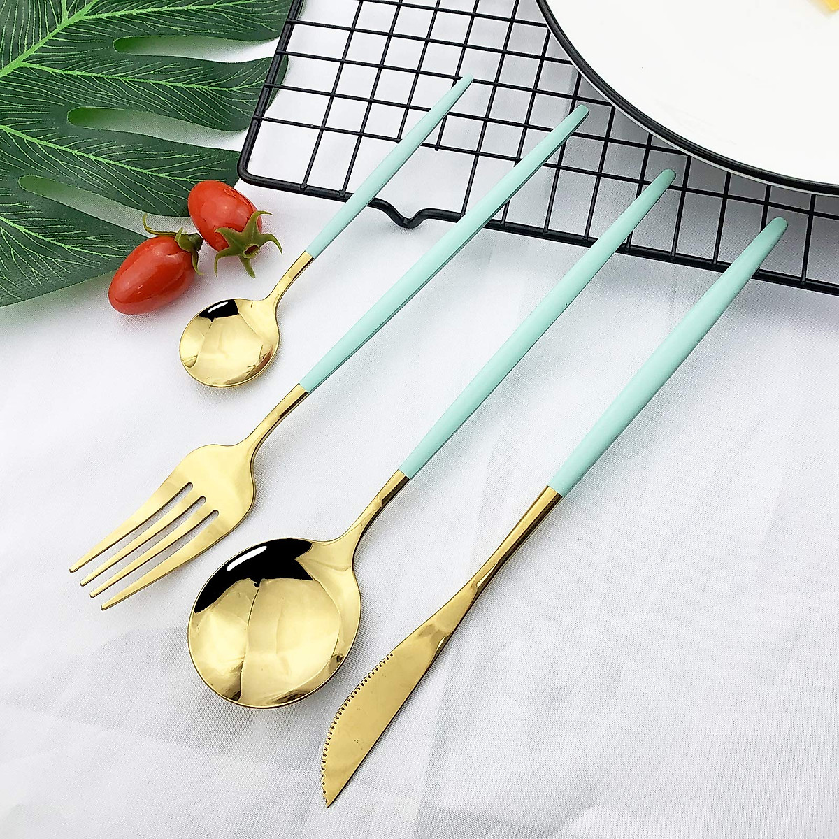 JASHII Flatware Serving Set 24 Piece, Stainless Steel Silverware Set, Mint Green Gold Cutlery Set, Modern Elegant Tableware Set for Party, Christmas, Dinner (Mint Green Gold)