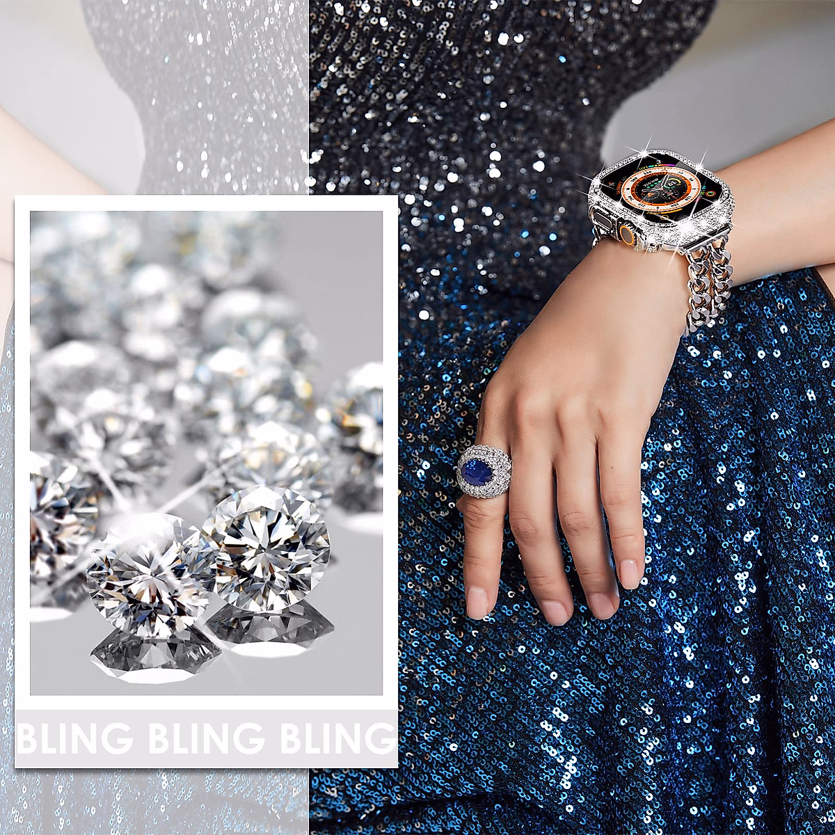 Surace 49mm Case Compatible with Apple Watch Ultra Case, Bling Case with Over 400 Crystal Diamonds Protective Cover Bumper Compatible for Apple Watch Ultra (49mm, Silver)