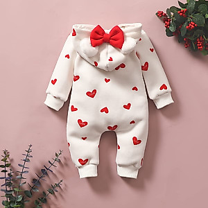 Newborn Baby Girl Valentine's Day Outfits Zipper Love Heart Hooded Romper Jumpsuit Fall Winter One Piece Clothes