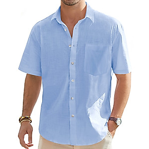 J.VER Men's Short Sleeve Linen Cotton Shirts Casual Button Down Shirt Summer Beach Tops with Pocket Light Blue X-Large