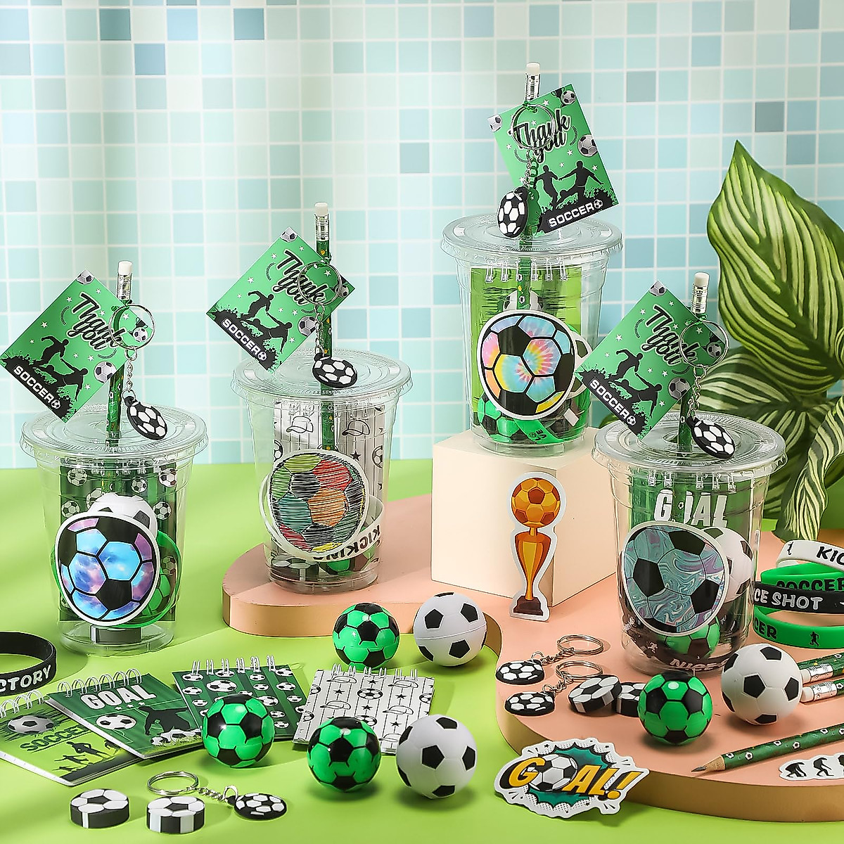 Colarr 195 Pcs Soccer Birthday Gifts Party Favors Gift Cups Pencils Mini Book Keychains Wristbands Stickers Thank You Cards Eraser Sharpener Mini Ball for Basketball Football Soccer Party