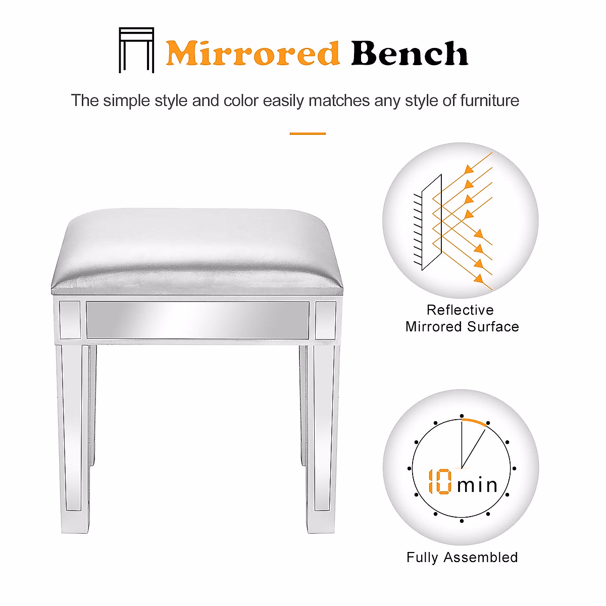 VINGLI Mirrored Vanity Stool with Storage, Faux Leather Ottoman, Makeup Dressing Table Bench, Silver