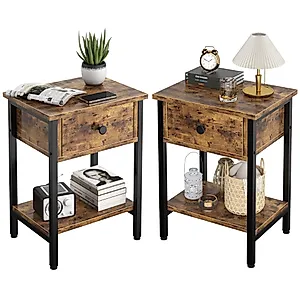 Night Stand Set of 2, Bedside Table with Drawers, Modern End Side Table with Storage Shelves, Versatile Nightstands for Bedroom Living Room Sofa Couch, Wood Metal Bedroom Furniture, Rustic Brown
