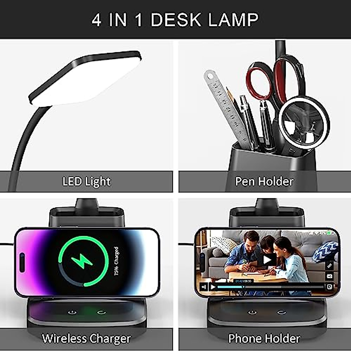 Vicsoon Desk Lamp for Home Office, LED Desk Lamp with Wireless Charger Pen Holder, Dimmable Desk Light with 3 Color Modes, Black Office Lamp for Dorm