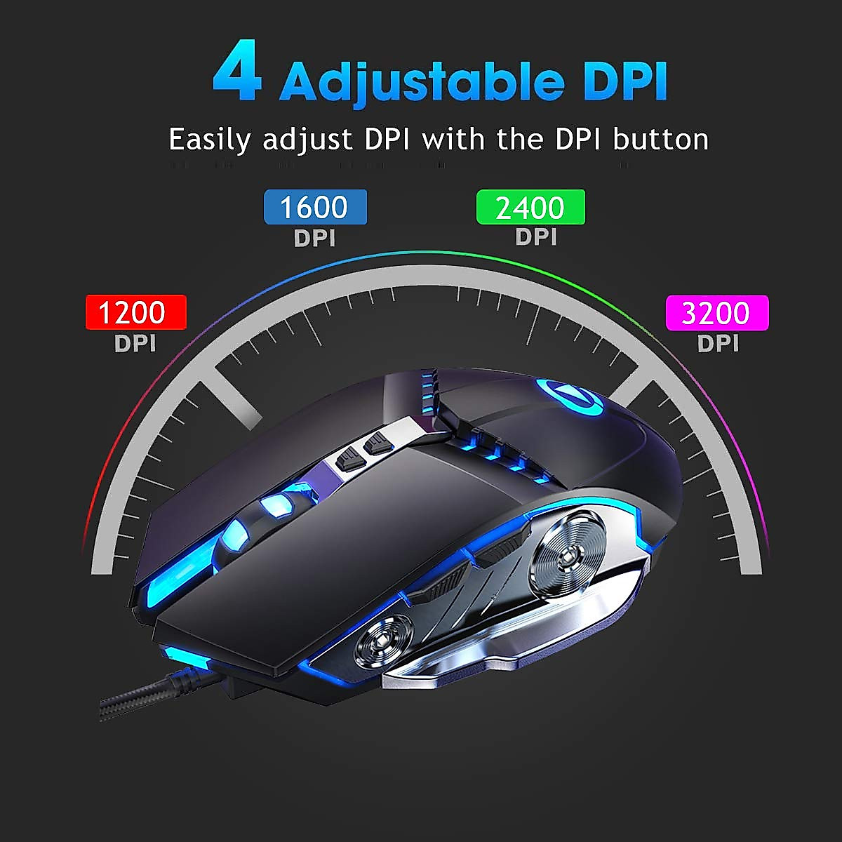 Censprin Gaming Mouse USB Wired RGB Backlit Silent Click Gamer Mouse with 4 Adjustable DPI Up to 3200, Comfortable Grip Ergonomic Optical Gaming Mice for Laptop PC Gamer Computer Desktop
